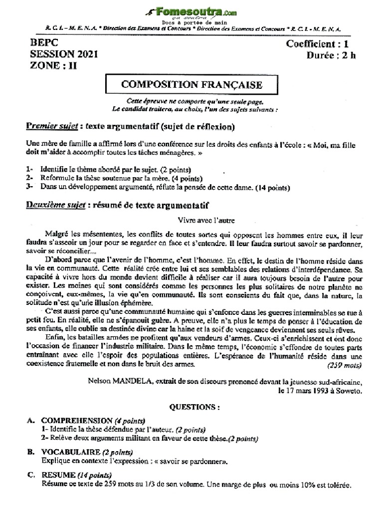 612bcb57e4f26sujet de Composition Francaise Bepc 2021 Zone 2 | PDF