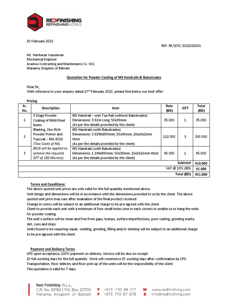 Powder Coating - Quote - Red Finishing | PDF
