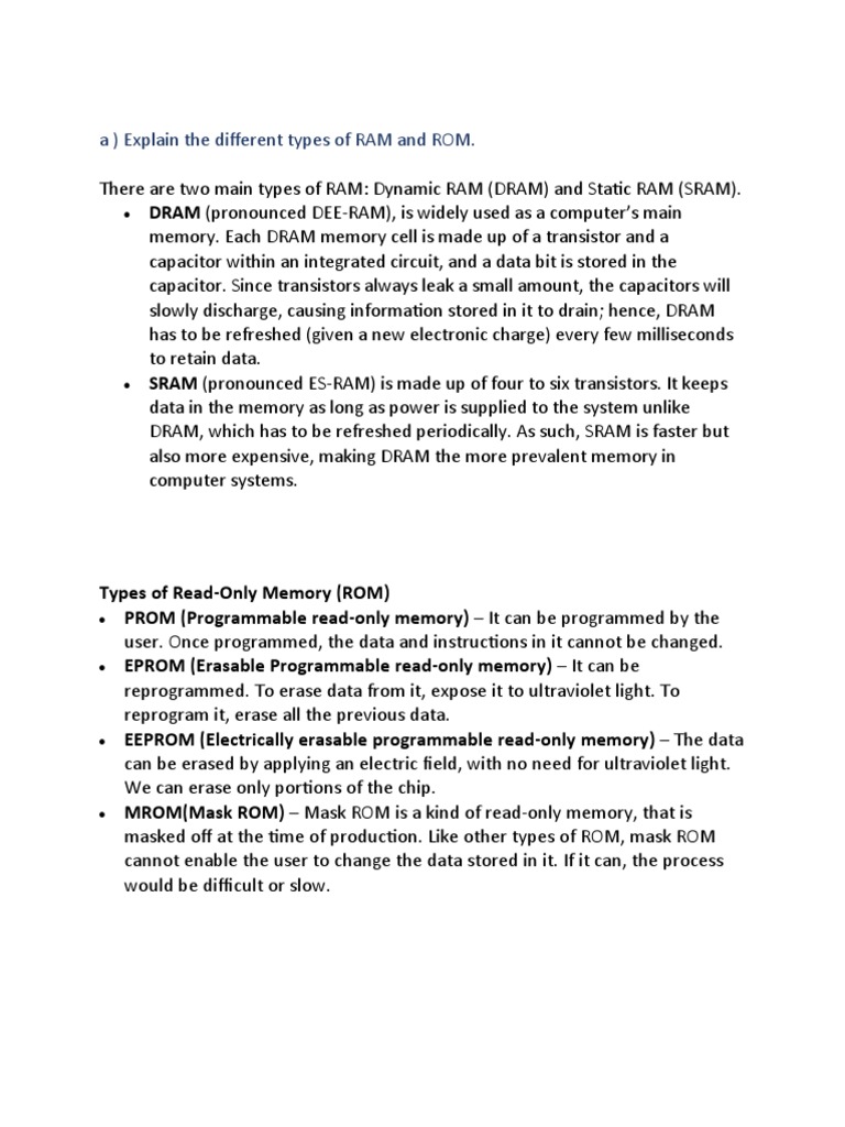 A) Explain The Different Types of RAM and ROM | PDF | Read Only Memory ...