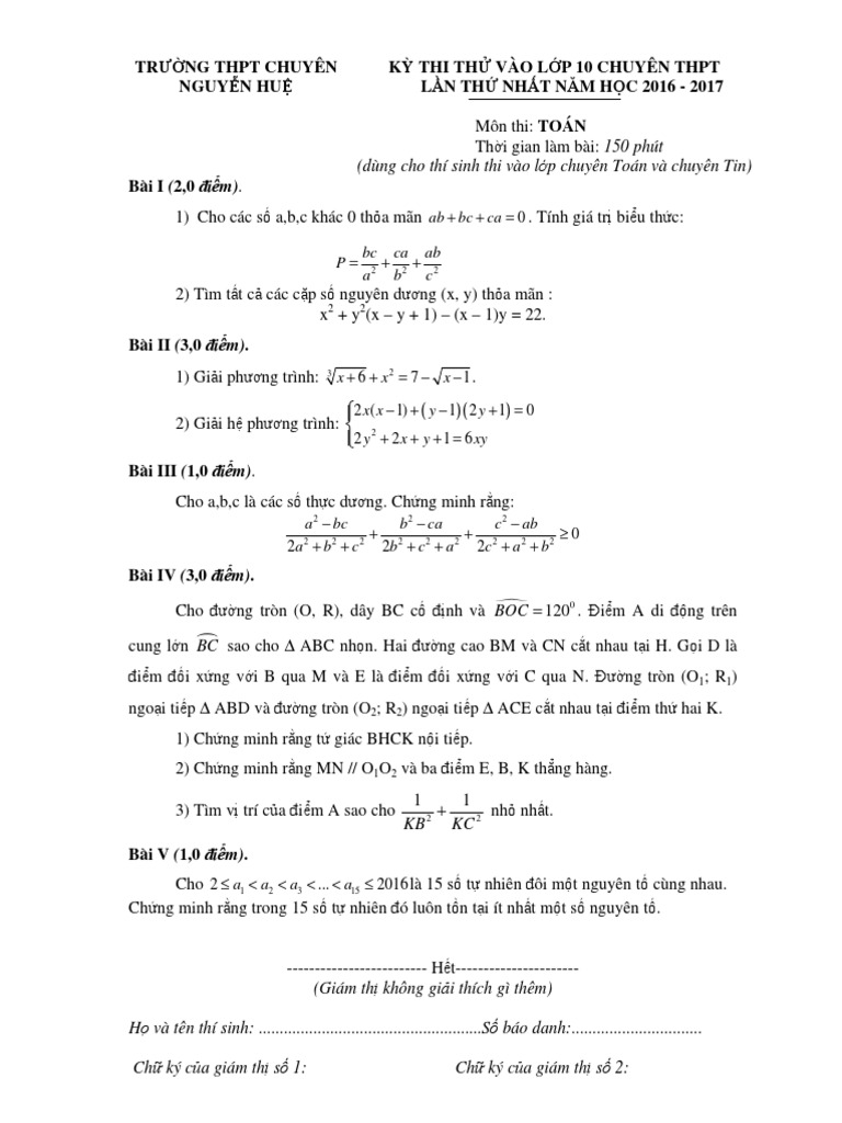 De Thi Thu Vao Lop 10 Chuyen Mon Toan Truong THPT Chuyen Nguyen Hue Lan 1 | PDF