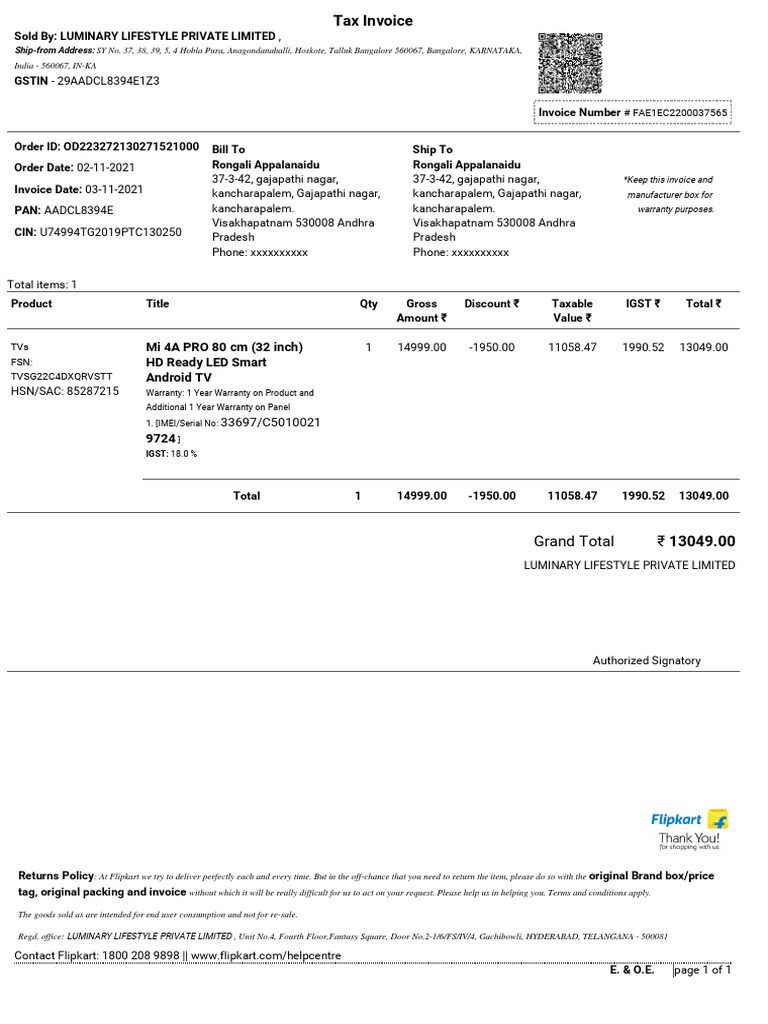Mi TV Invoice | PDF