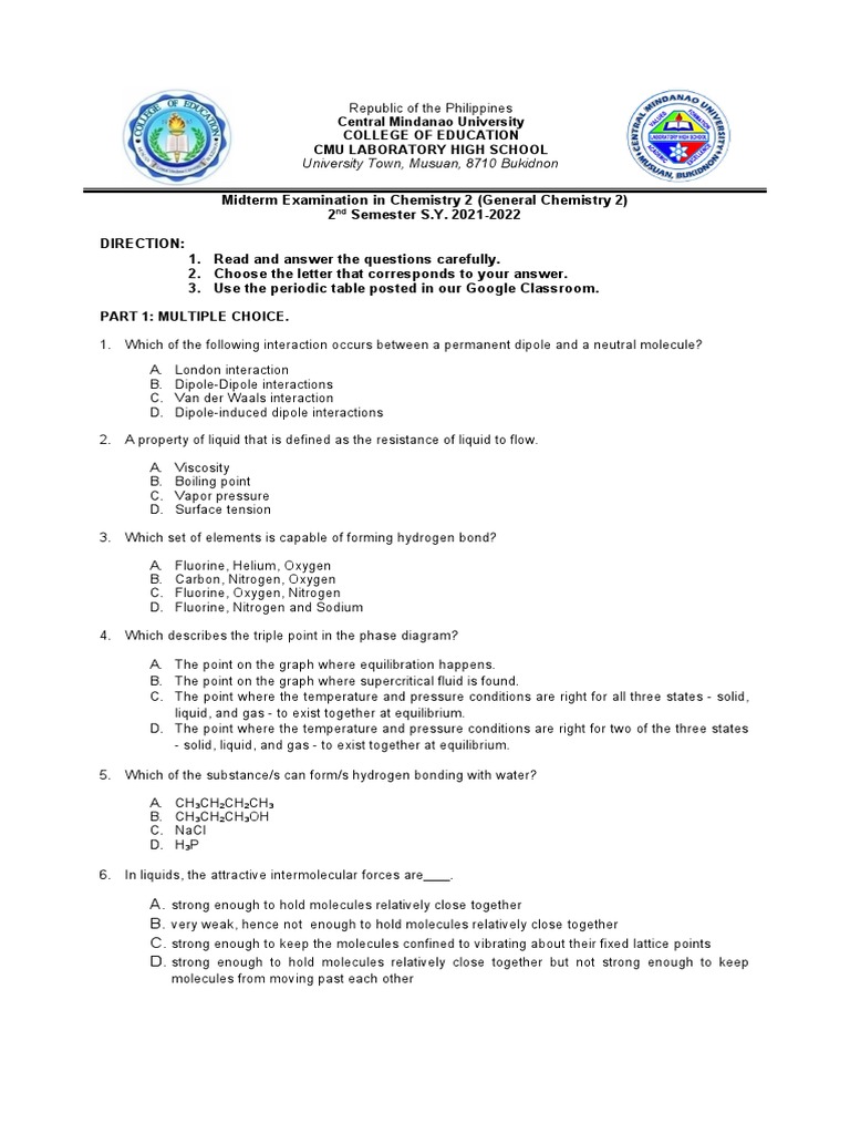 General Chem-2 Midterm Exam Questionnaires | PDF | Solubility ...