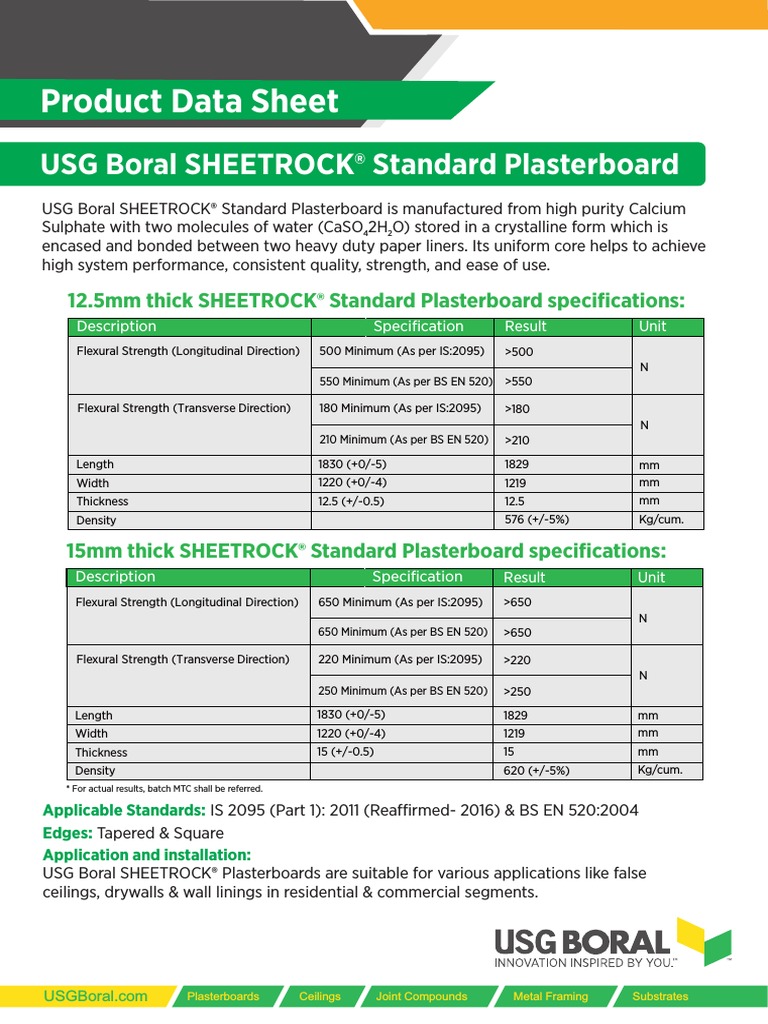 Product Data Sheet: USG Boral SHEETROCK® Standard Plasterboard | PDF | Drywall | Economic Sectors