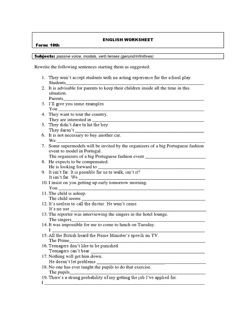English Worksheet Form: 10th Subjects: Passive Voice, Modals, Verb ...