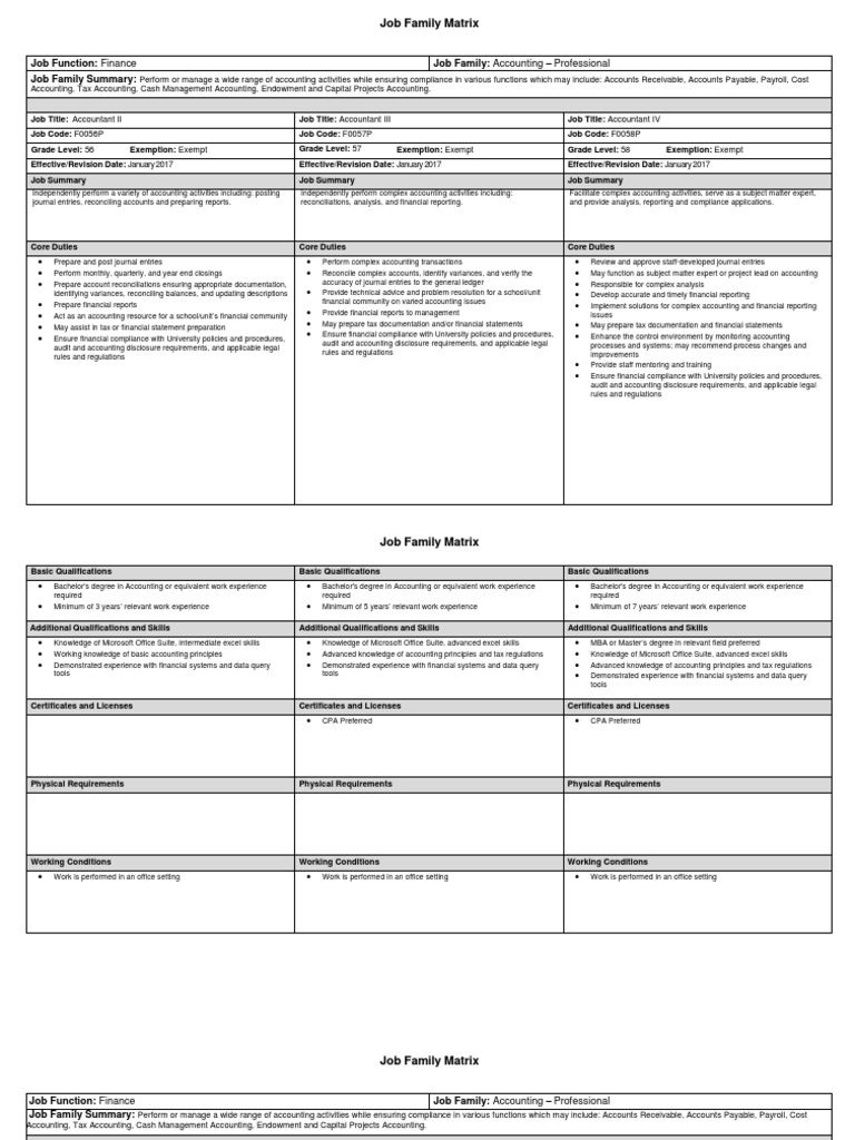 Job Family Matrix: Job Function: Finance Job Family: Accounting Job ...