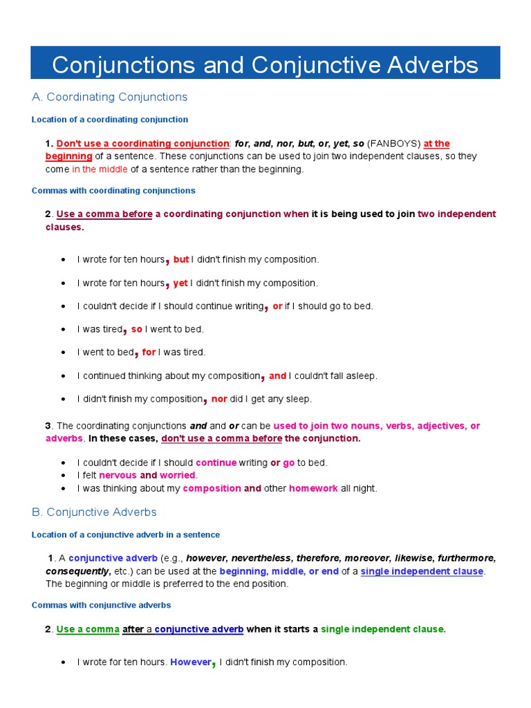 Conjunctions and Conjunctive Adverbs | PDF | Comma | Adverb