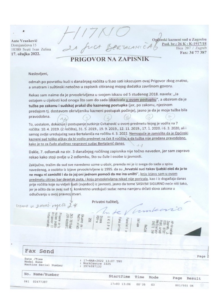 Prigovor Na Zapisnik 17 3 22 | PDF