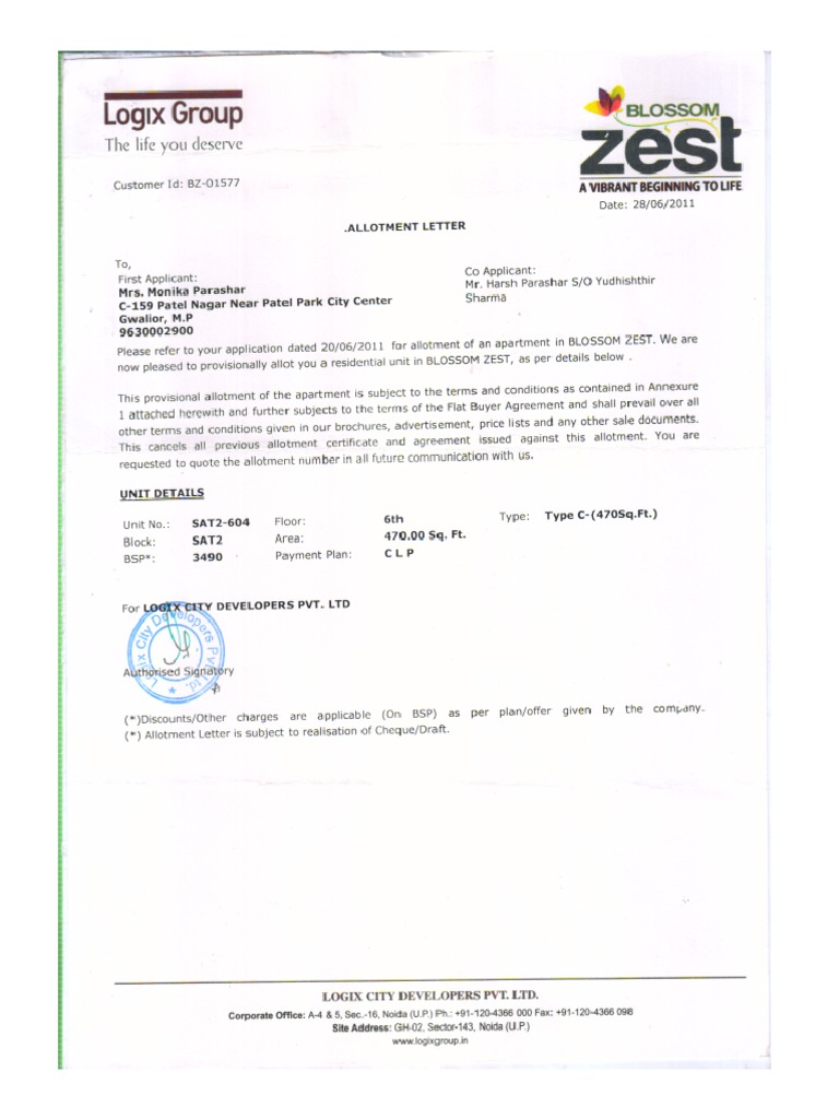 Allotment Letter | PDF