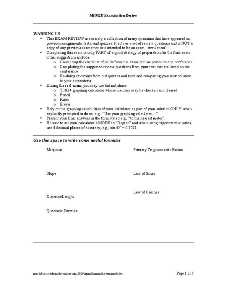 Mpm2d Exam Mock | PDF | Trigonometric Functions | Test (Assessment)