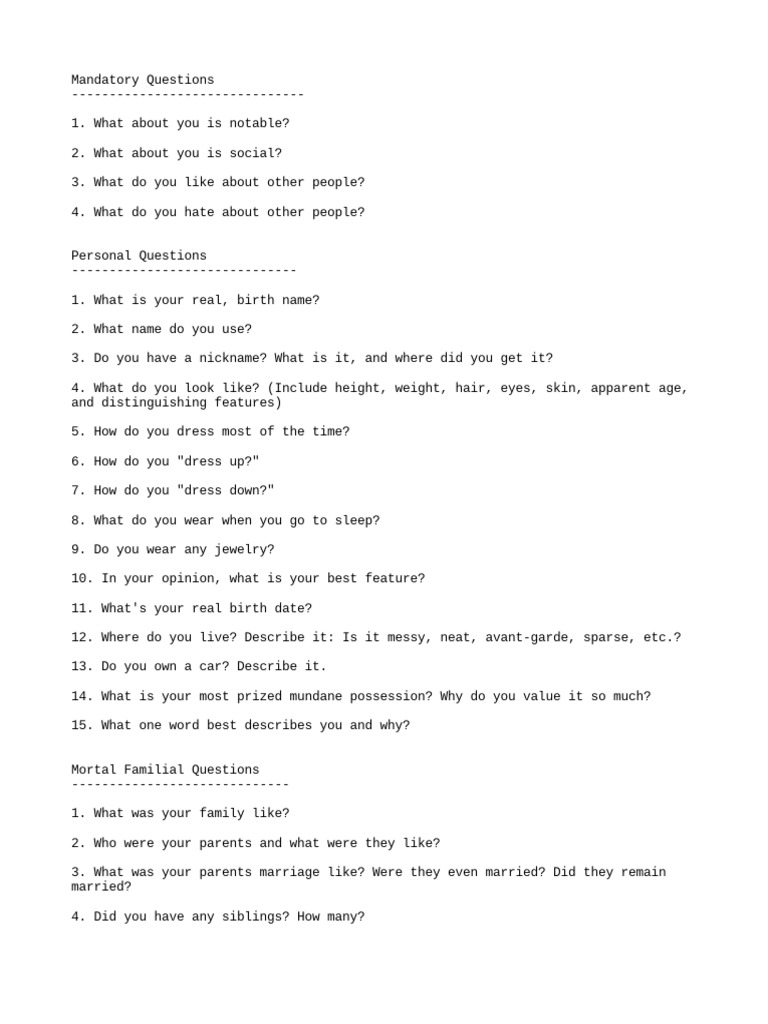 Character Questions | PDF