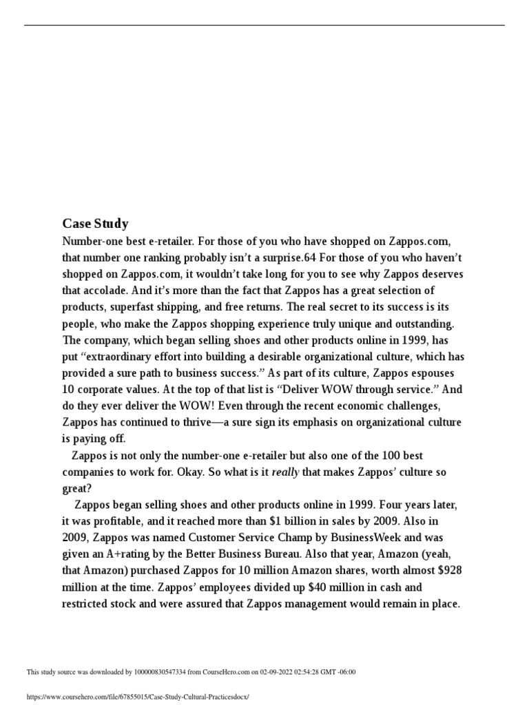 Case Study Cultural Practices | PDF | Organizational Culture | Zappos
