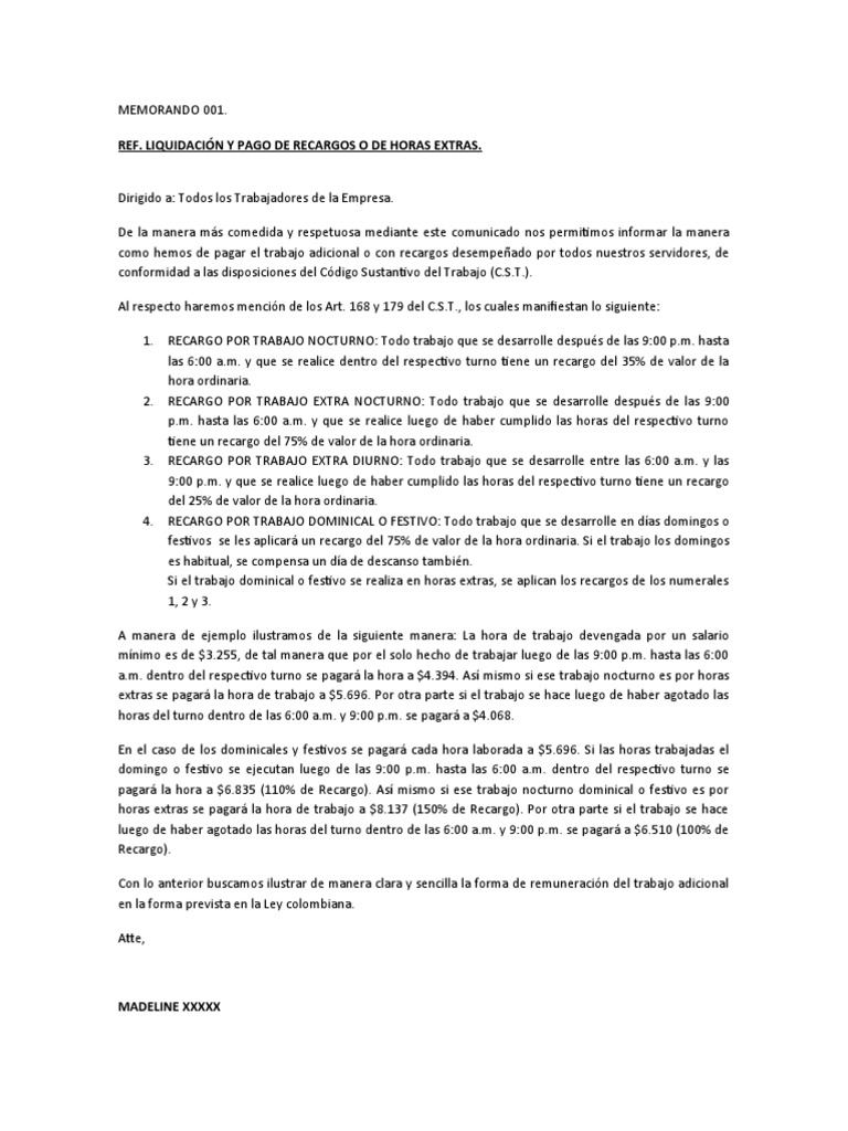 Memorando Liquidación y Pago de Horas Extras | PDF