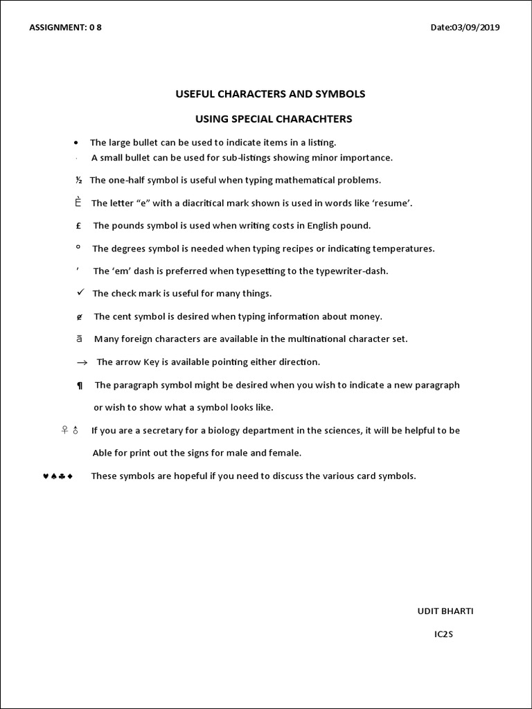Useful Characters and Symbols Using Special Charachters | PDF