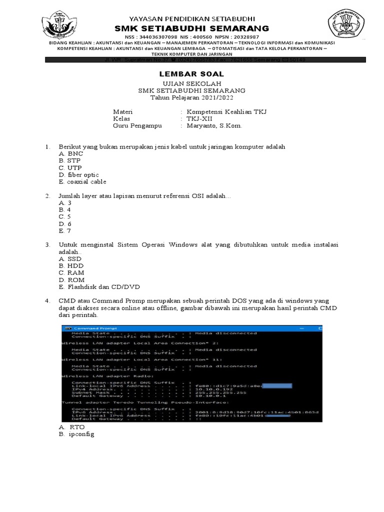SOAL UAS 2021-2022 Keahlian TKJ (KIRIM) | PDF