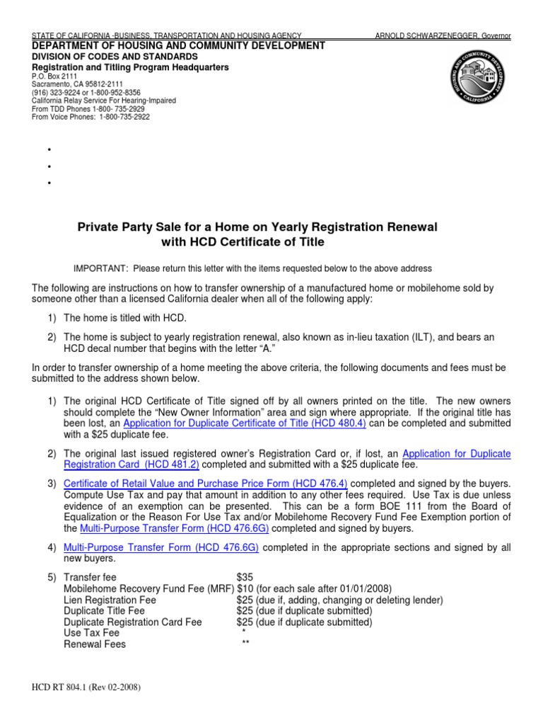 HCD Title Transfer Instructions | PDF | Use Tax | Fee