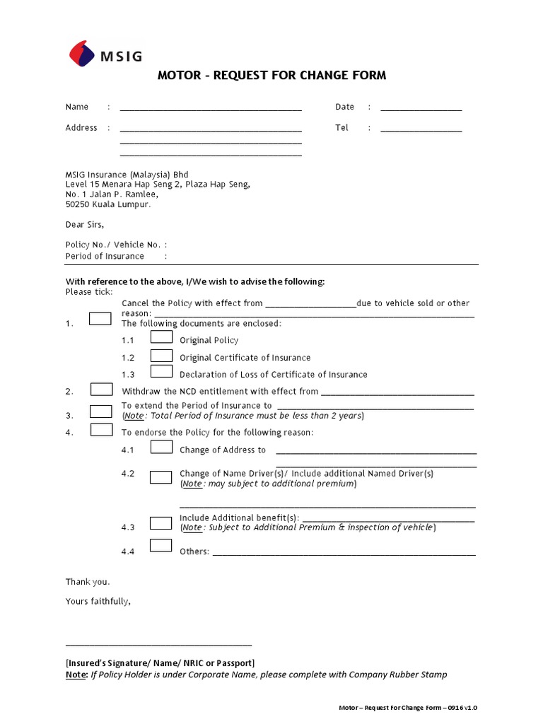 Motor - Request For Change Form: With Reference To The Above, I/We Wish ...