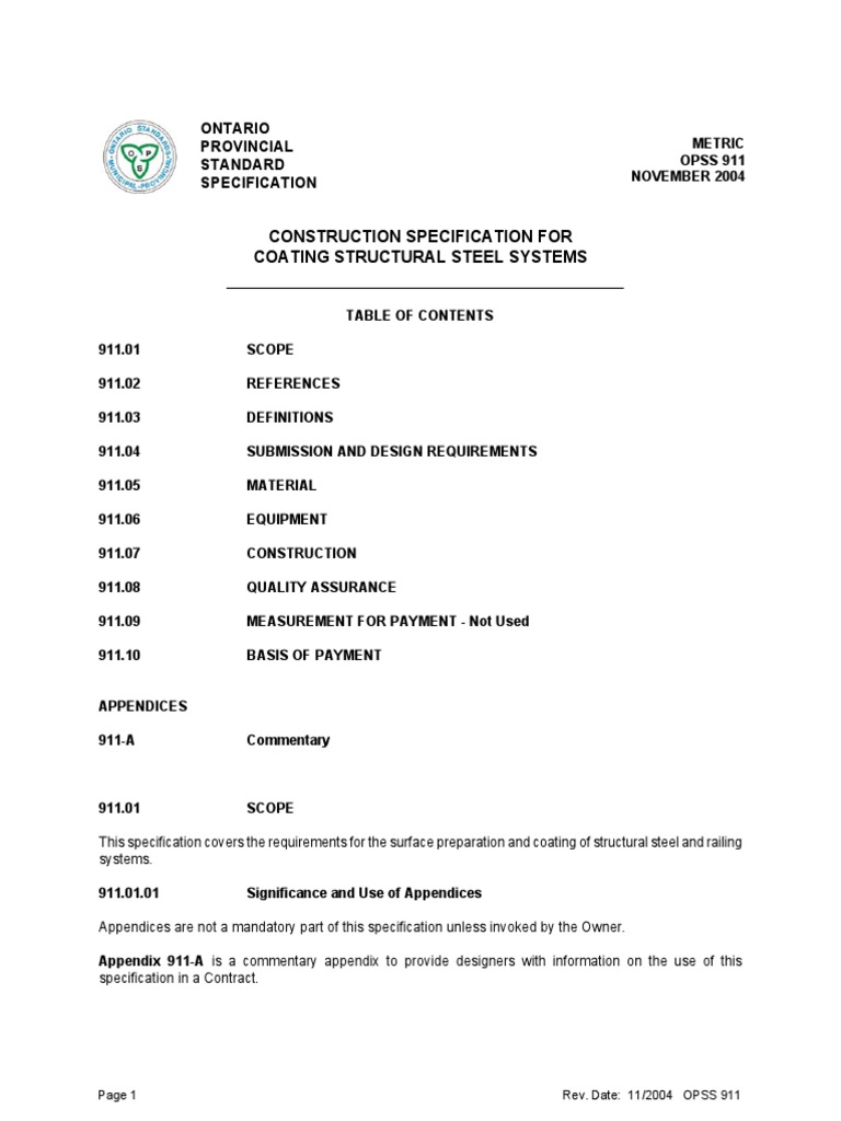Opss-Prov 911 - 2004 - Construction Specification For Coating ...