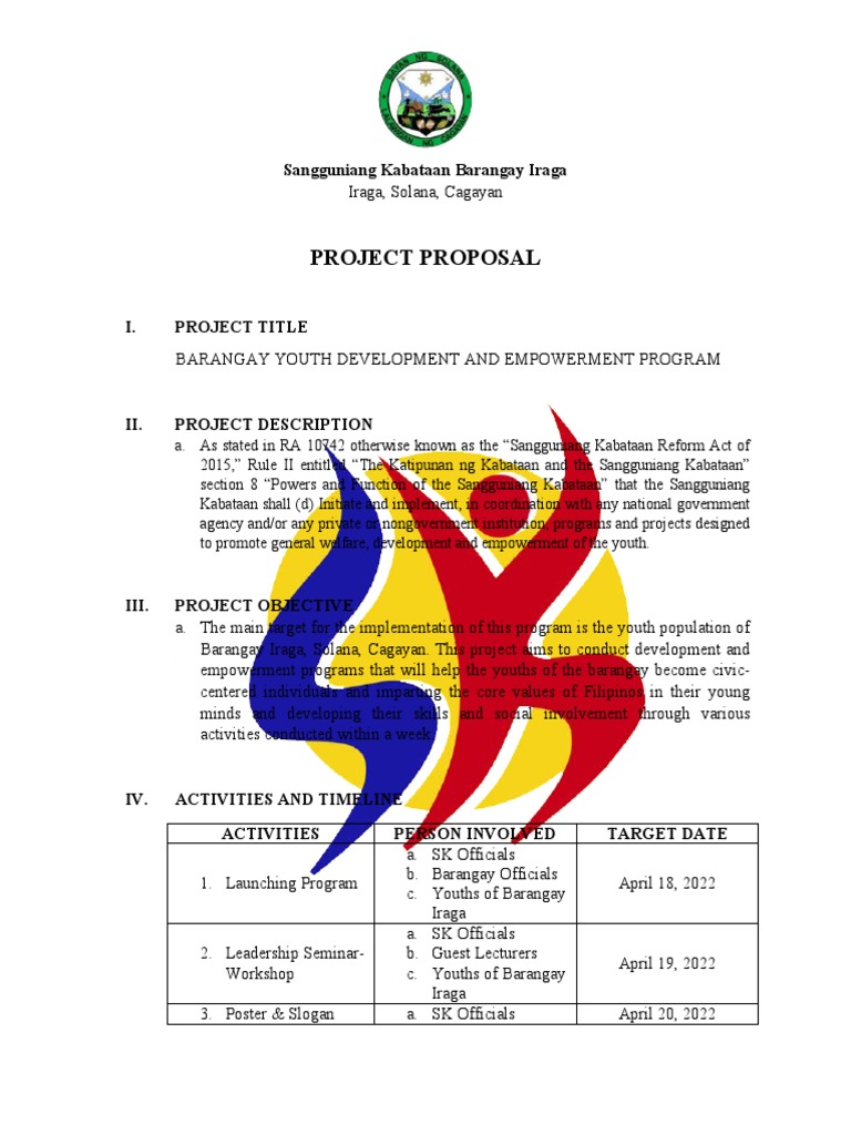 Project Proposal: Sangguniang Kabataan Barangay Iraga | PDF