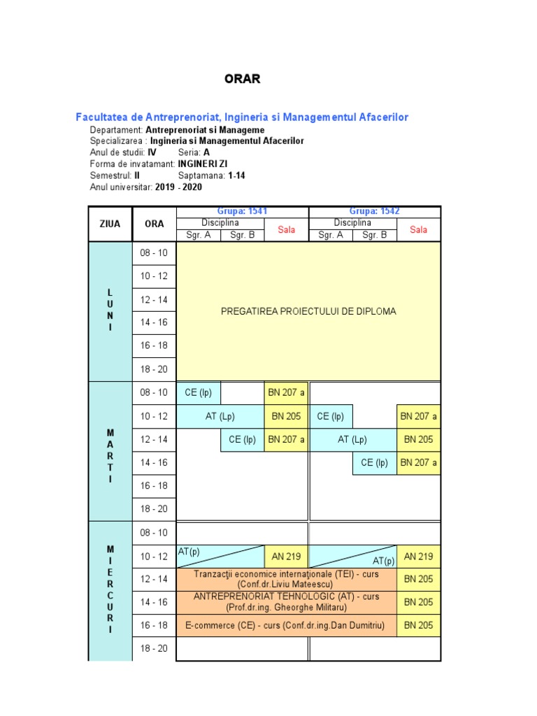 Orar Facultatea Antreprenoriat 2019-2020 | PDF