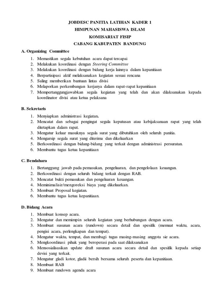 LK1 - Jobdes Panitia LK1 HMI KOMISARIAT FISIP | PDF