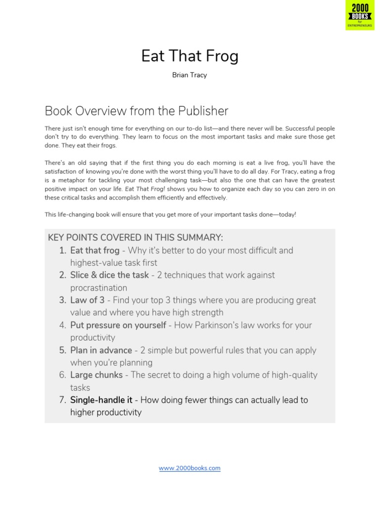 Eat That Frog: Book Overview From The Publisher | PDF