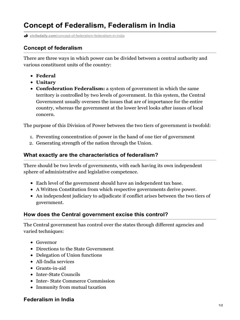 Federalism in India: Key Concepts and Features | PDF | Federation ...