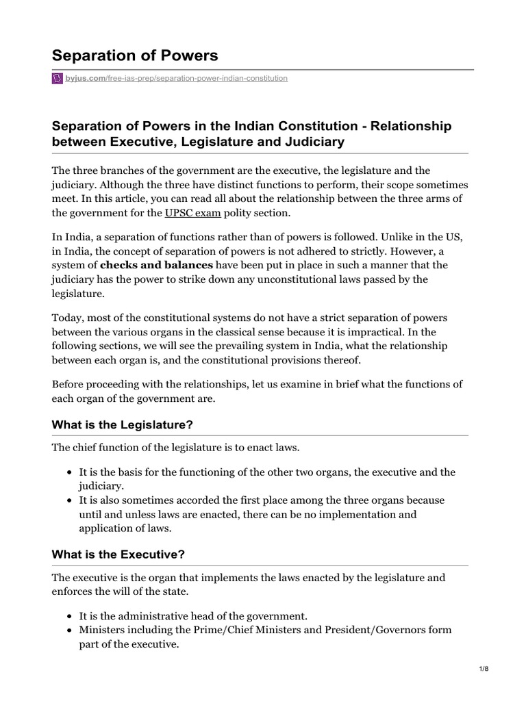 Separation of Powers in Indian Constitution | PDF | Separation Of ...