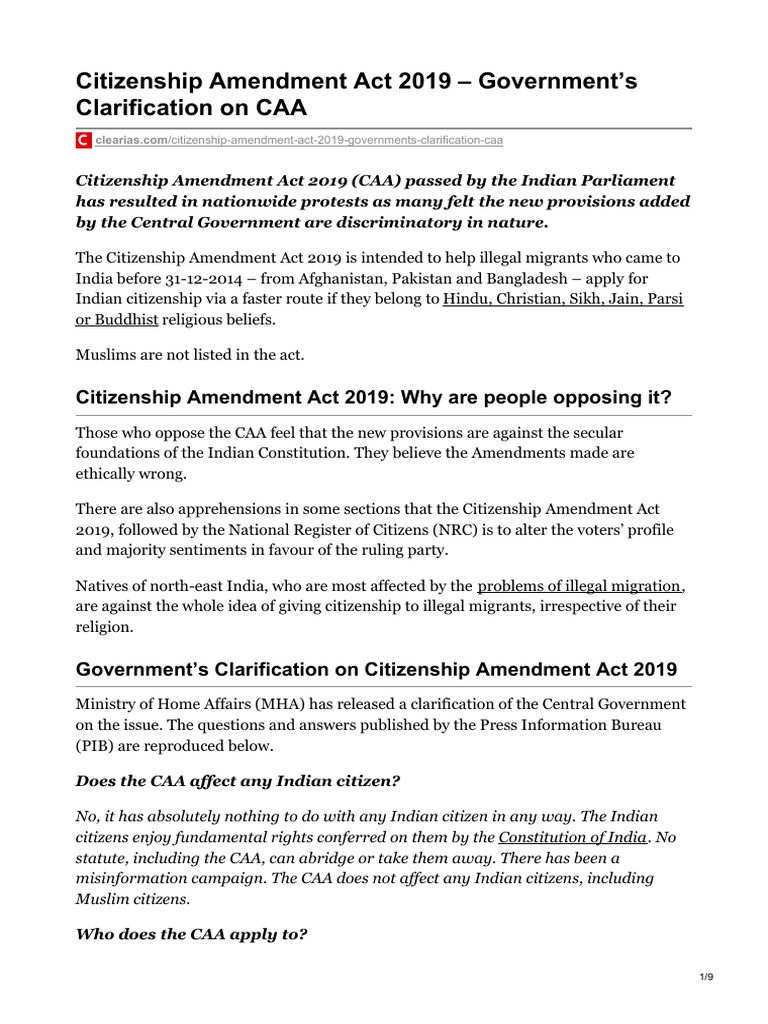 Citizenship Amendment Act 2019 Governments Clarification On CAA | PDF ...