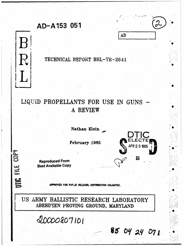 LIQUID PROPELLANTS FOR USE IN GUNS A REVIEW Nathan Klein | PDF | Rocket ...