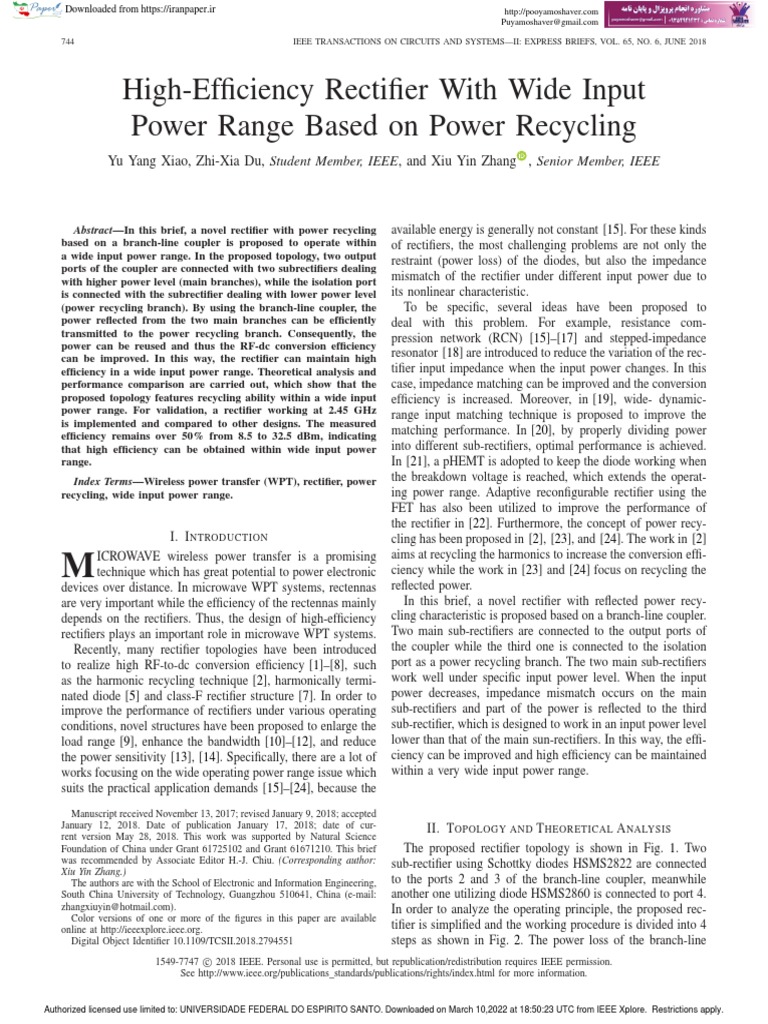 High-Efficiency Rectifier With Wide Input Power Range Based On Power Recycling | PDF | Rectifier ...
