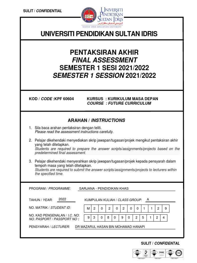 211 - Format Muka Depan Soalan-Final 2021-2022 1 | PDF