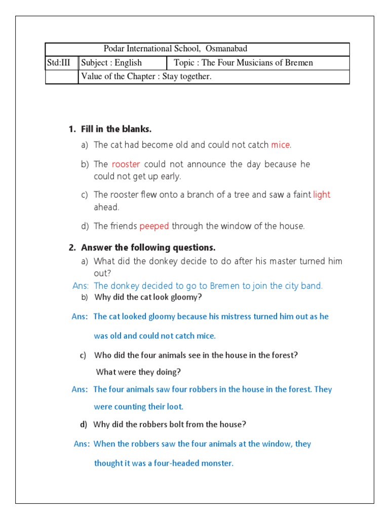 The Four Musicians of Bremen - Textbook Exercise | PDF | Languages ...
