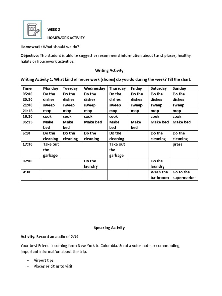 Habits or Housework Activities.: Week 2 Homework Activity | PDF