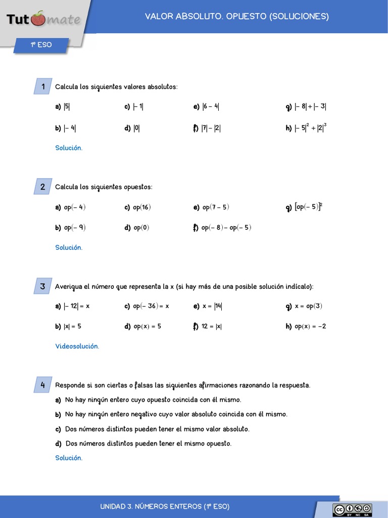 Ejercicios Valor Absoluto Opuesto.1 | PDF | Entero | Matemáticas