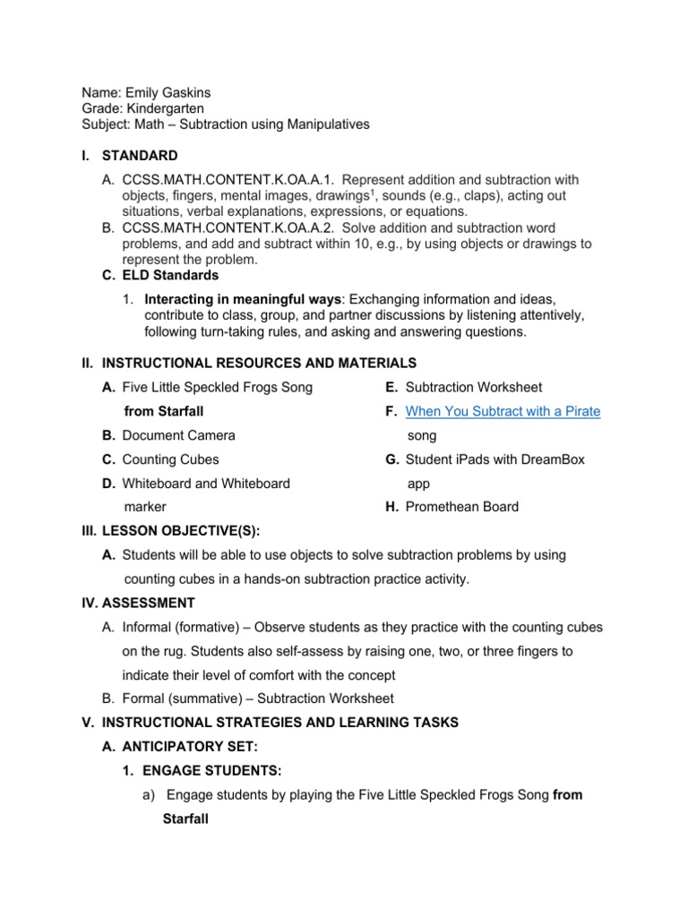 Subtraction Lesson Plan Observation 2 | PDF | Learning | Subtraction