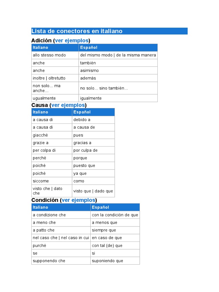 Lista de Conectores en Italiano | PDF | Idiomas | Estudios de idiomas ...