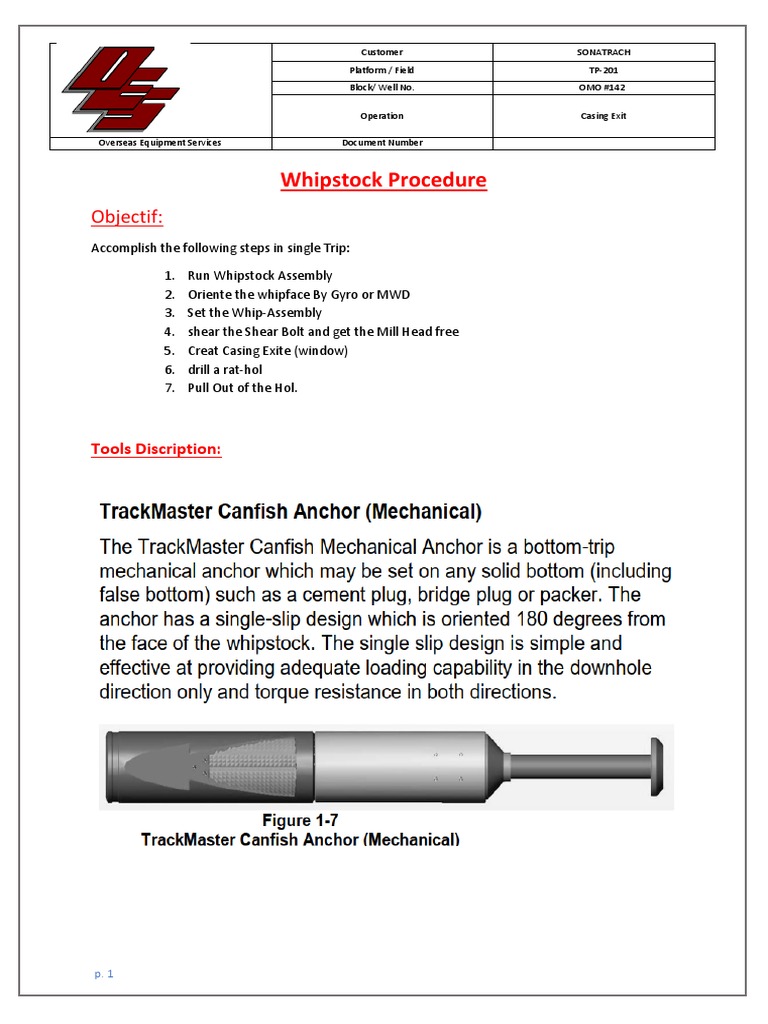 Whipstock Assembly Casing Exit Procedure | PDF | Anchor | Drill