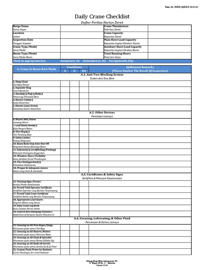 PNMI-QHSE-P10!02!02 - Form Daily Crane Checklist | PDF