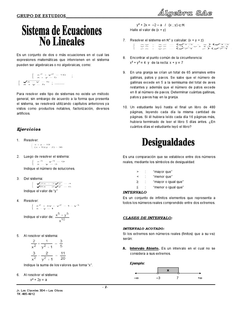 Sistema de Ecuac No Lineales. Desigualdades. Inecuaciones | PDF