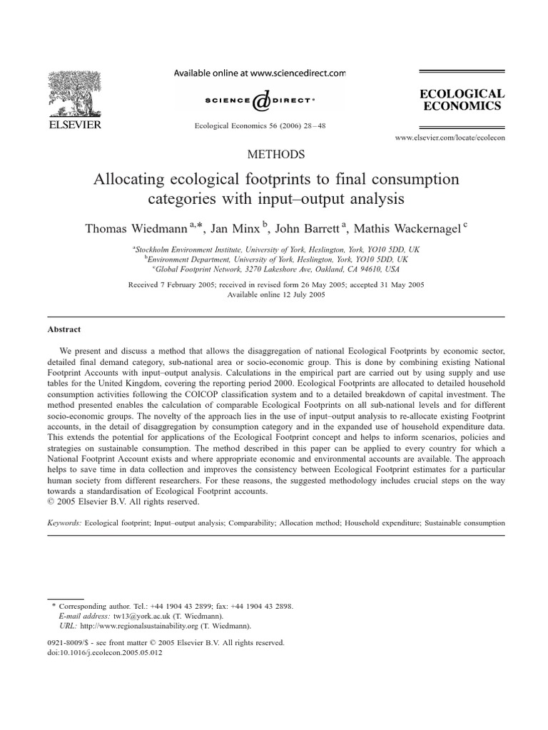 Wiedmann - Allocating Ecological Footprint | PDF | Input–Output Model | Sustainability