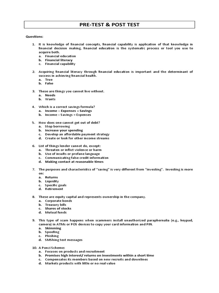 PRE-TEST & POST-TEST | PDF | Debt | Financial Literacy