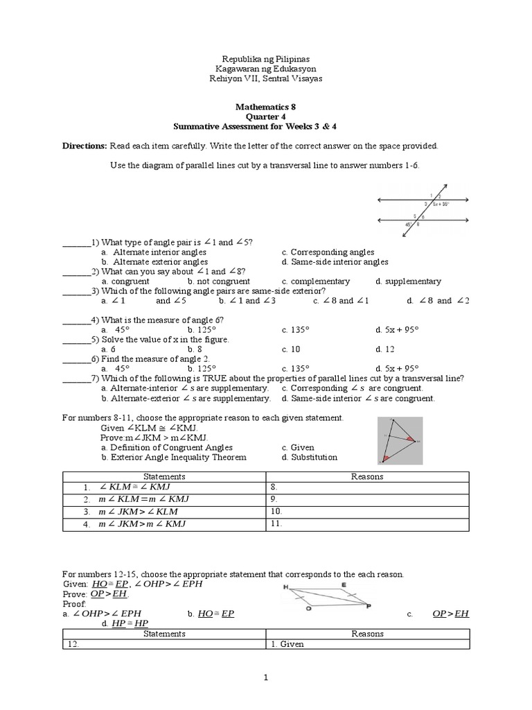 Math 8 Q4 Summative Test WK 3&4 | PDF