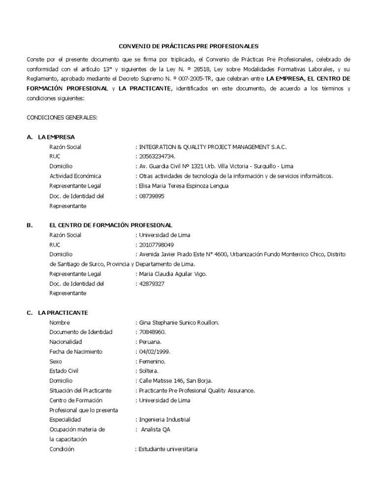 Convenio de Prácticas Pre Profesionales entre Integration & Quality ...