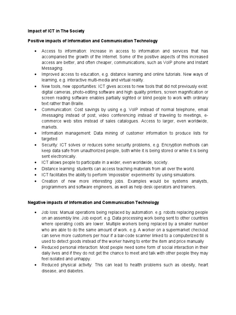 Impact of ICT in The Society Positive Impacts of Information and ...
