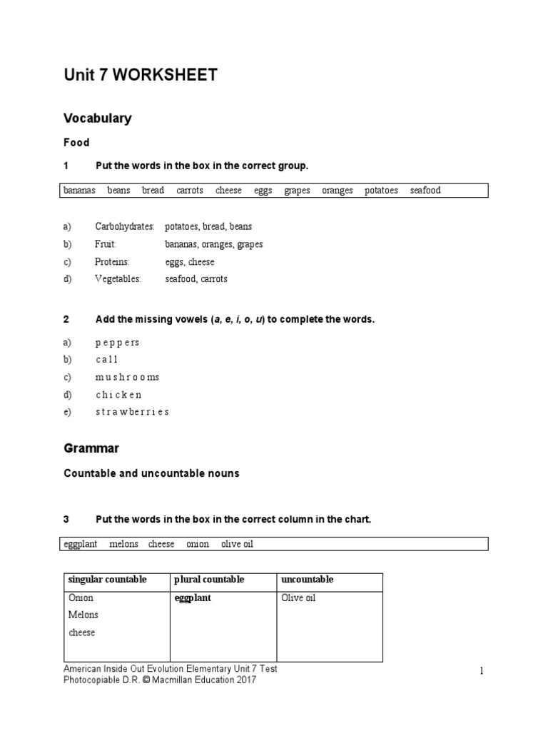 Unit 7 Worksheet: Vocabulary | PDF | French Fries | Breads