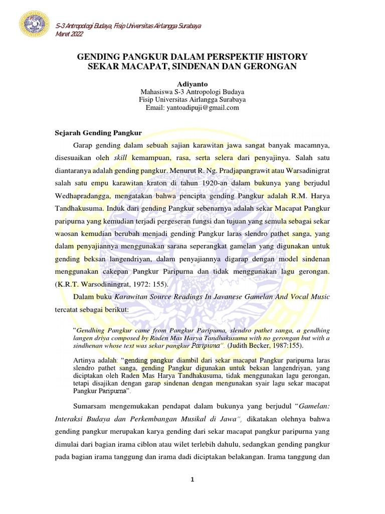 Gending Pangkur Dalam Perspektif History, Sekar Macapat, Sindenan Dan Gerongan | PDF