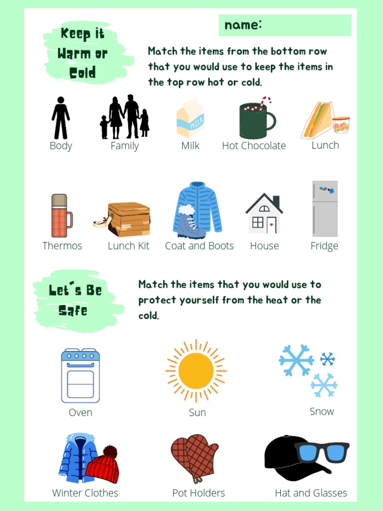 Hot and Cold Items Assessment Worksheet | PDF