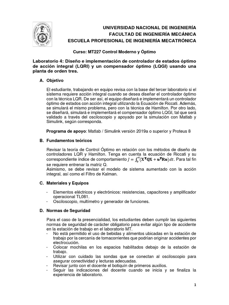 Lab4 MT227-A Control Moderno y Optimo 2021-3a | PDF | Simulación ...