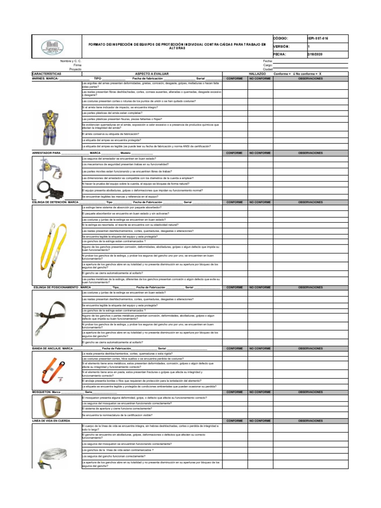 F015 - Inspeccion de EPI Contra Caidas para Trabajo en Alturas | PDF
