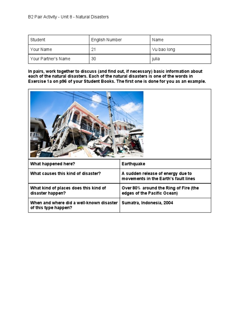 B2 Pair Activity - Unit 8 - Natural Disasters | PDF | Flood | Natural ...